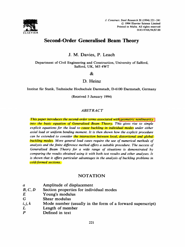 1994 - Second-Order Generalised Beam Theory | PDF | Buckling | Bending