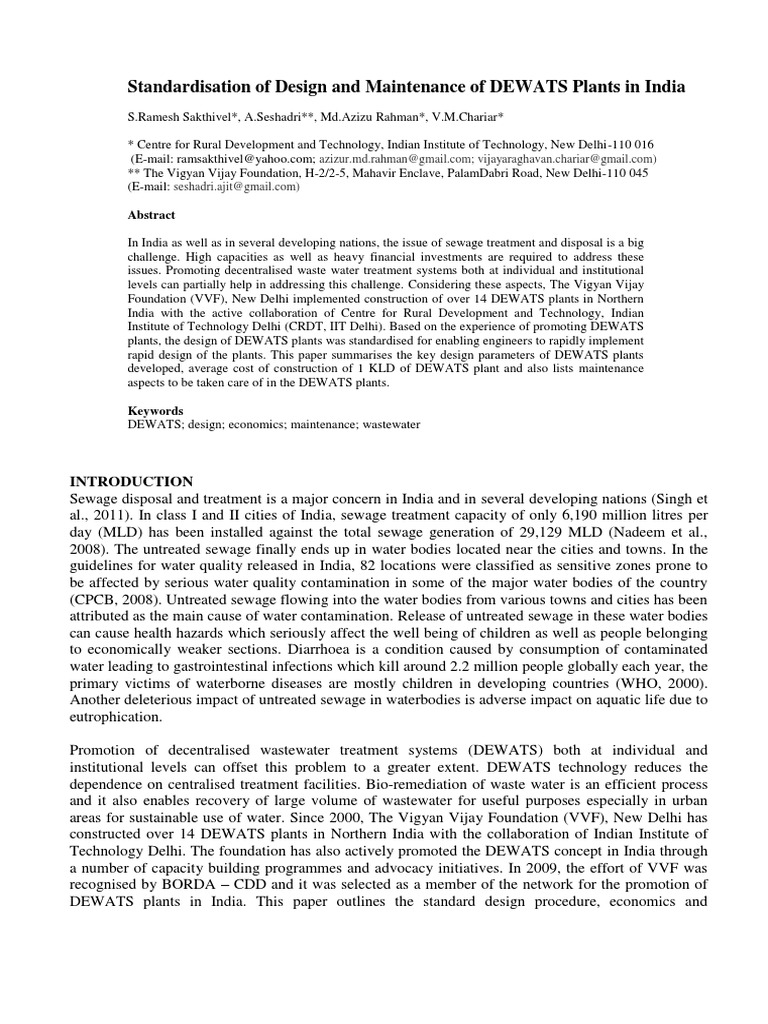 Standardisation Of Design And Maintenance Of Dewats Plants In India