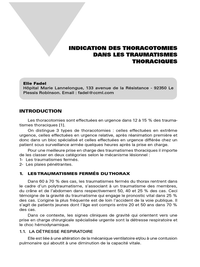 Indication Des Thoracotomies Dans Les Traumatismes Thoraciques ...