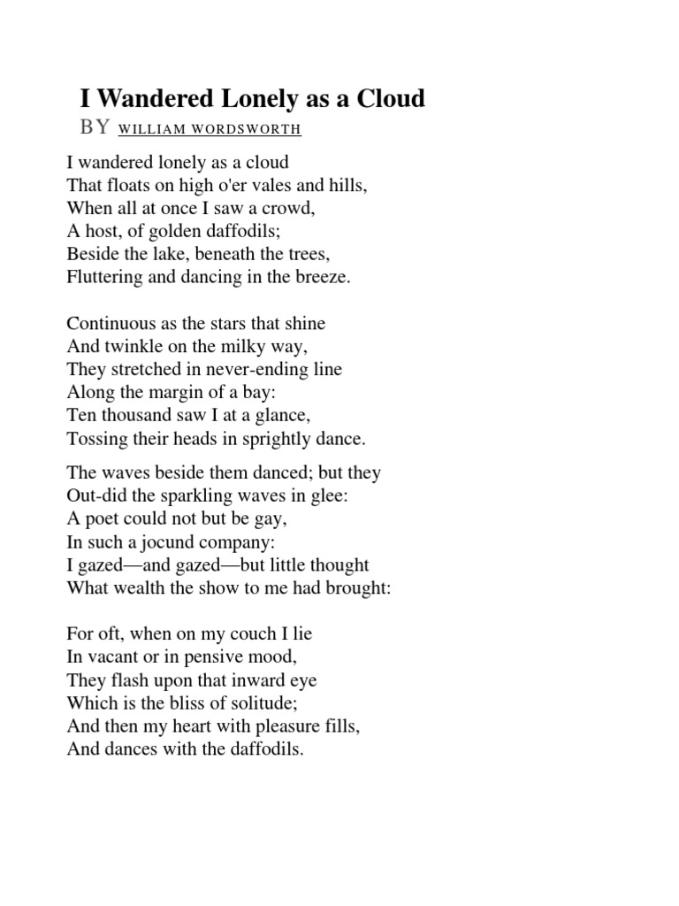I Wandered Lonely As A Cloud: William Wordsworth | PDF