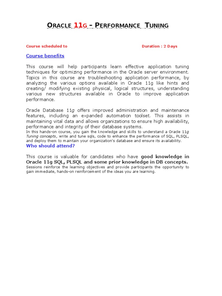 Oracle 11g Performance Tuning | PDF | Oracle Database | Pl/Sql