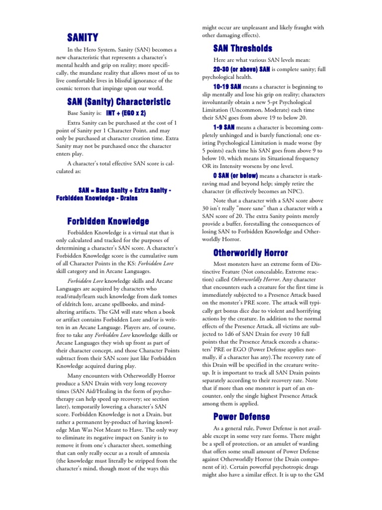 Sanity Rules For Hero System | PDF | Psychotherapy | Substance Abuse
