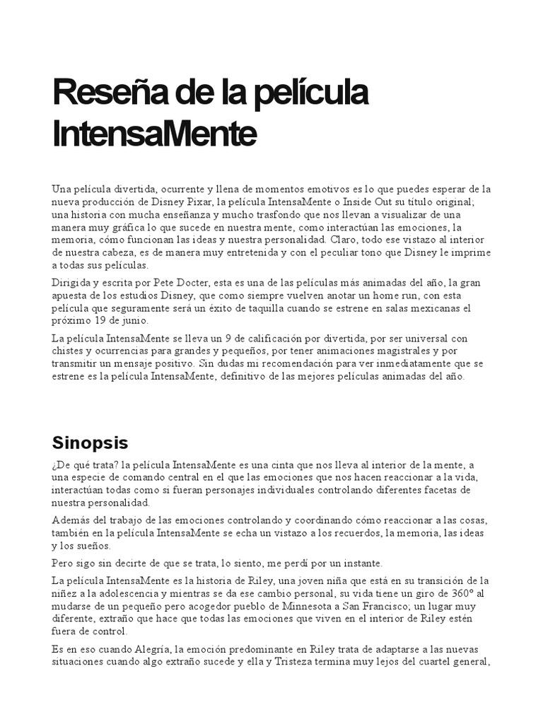 Reseña. Película Intensamente | Cine | Ocio | Free 30-day Trial | Scribd