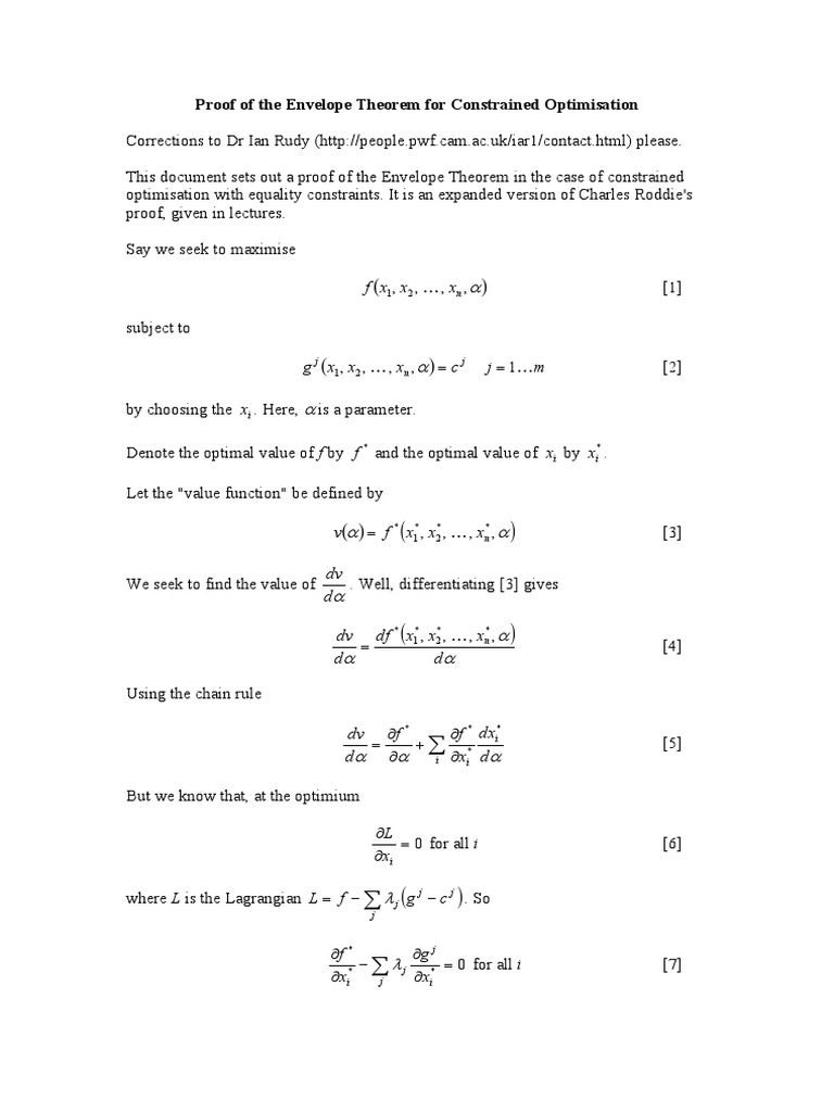 Envelope Theorem Proof for Constraints | PDF | Mathematical Optimization | Systems Analysis