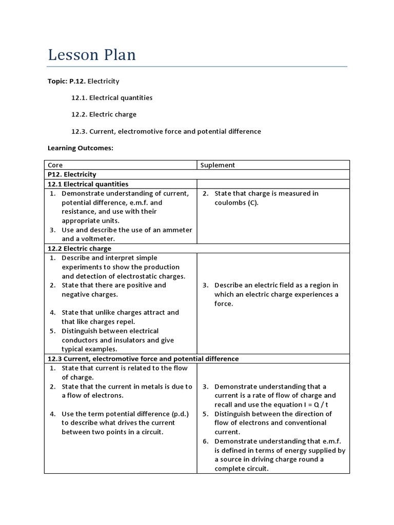 Electricity Lesson Plan | PDF | Electric Charge | Electric Current