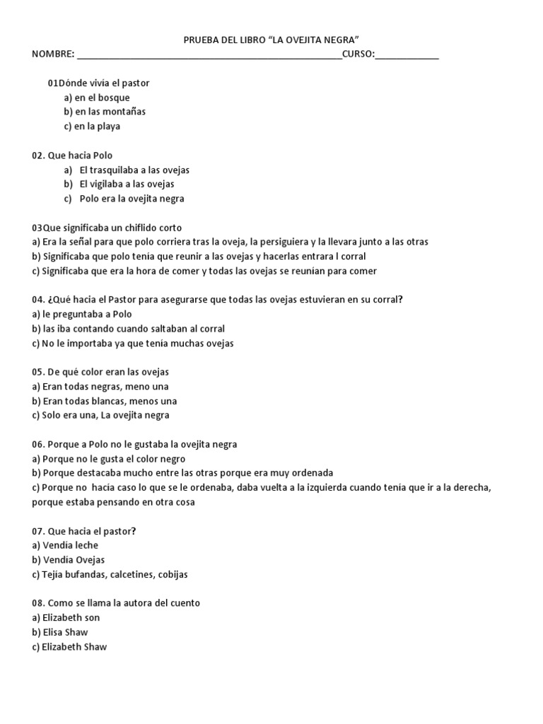 Prueba Del Libro Ovejita Negra | PDF | Oveja | Ocio