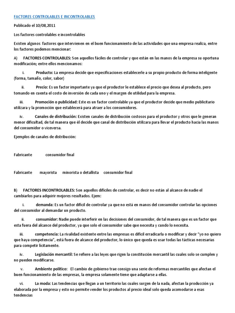 Factores Controlables e Incontrolables | PDF | Distribución (comercial ...