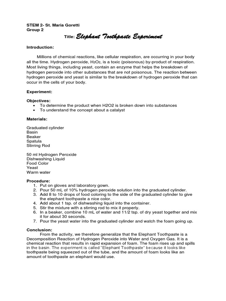 Elephant Toothpaste | PDF | Chemical Reactions | Hydrogen Peroxide