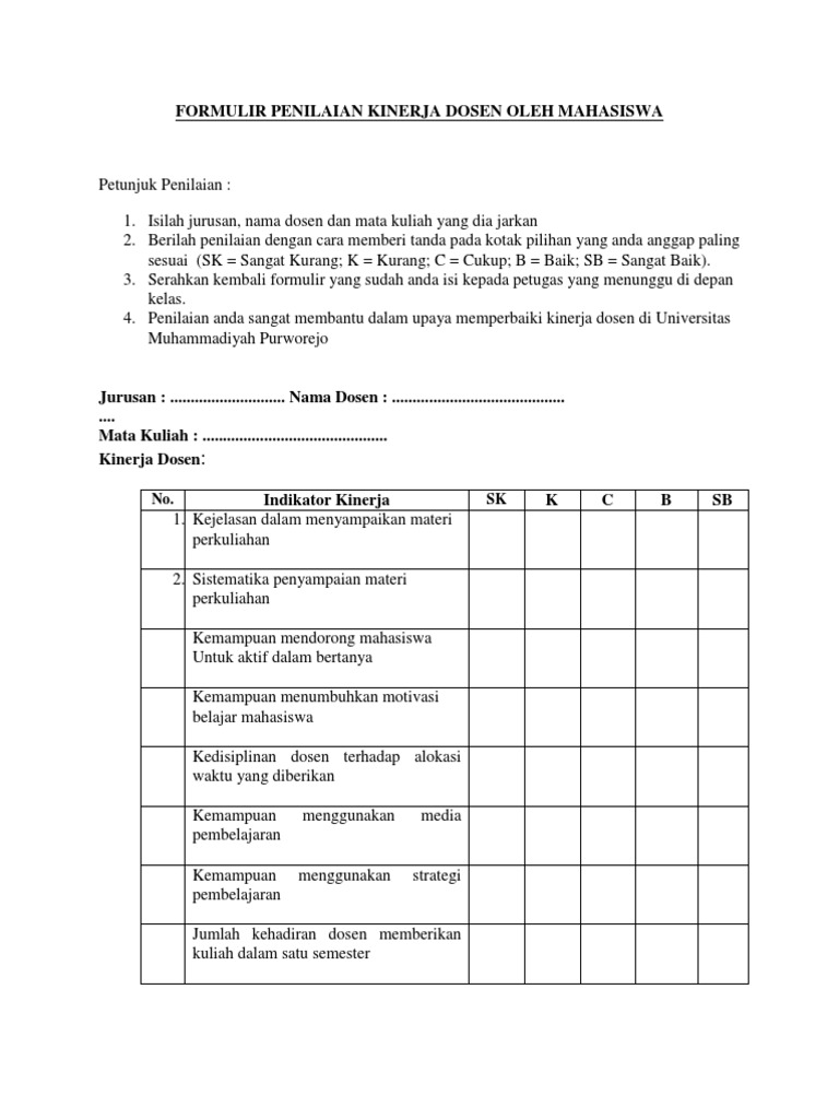 Formulir Penilaian Kinerja Dosen Oleh Mahasiswa | PDF