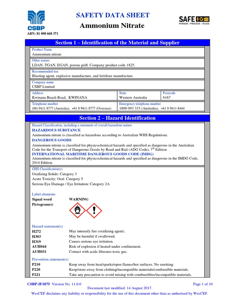 Msds Ammonium Nitrate | Dangerous Goods | Chlorine