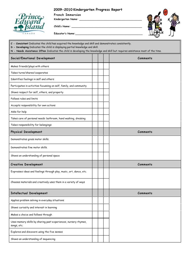 Kindergarten Progress Report Comment | Kindergarten | Knowledge