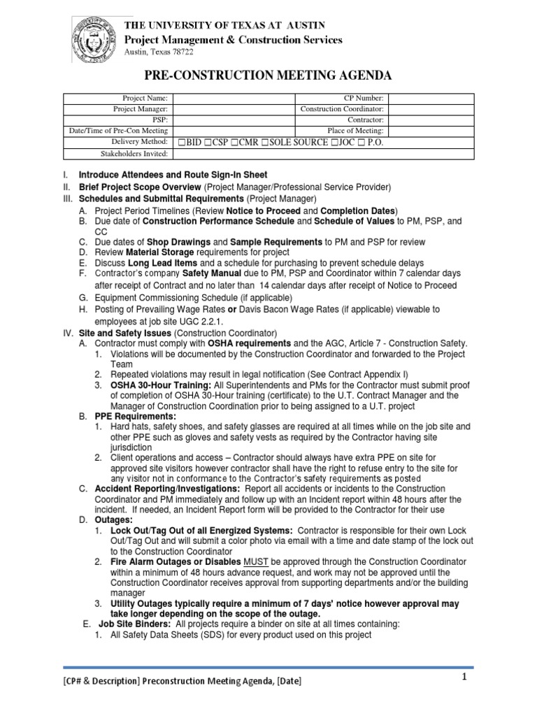 Pre ConstructionMeetingAgenda | PDF | General Contractor | Business