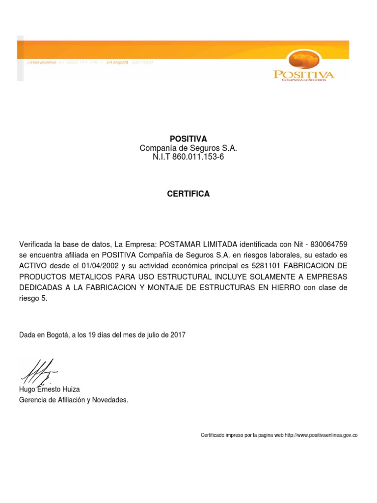 Certificado Arl