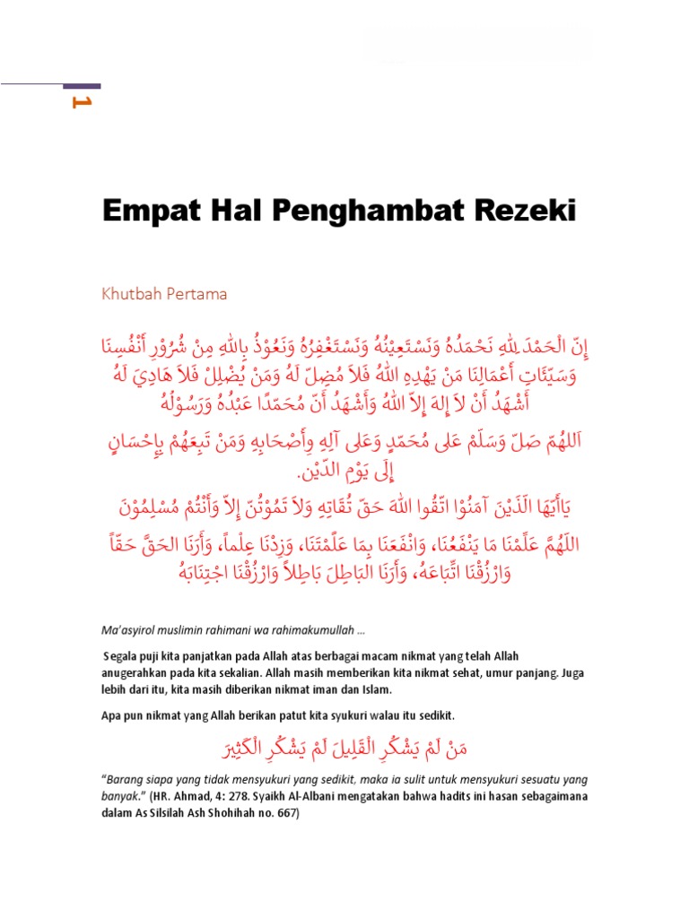 Khutbah Jumat, Empat Hal Penghambat Rezeki | PDF