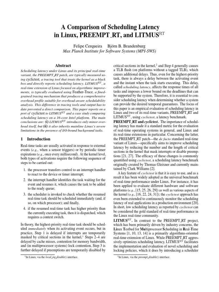 A Comparison of Scheduling Latency in Linux, PREEMPT RT, and LITMUS | PDF | Scheduling ...