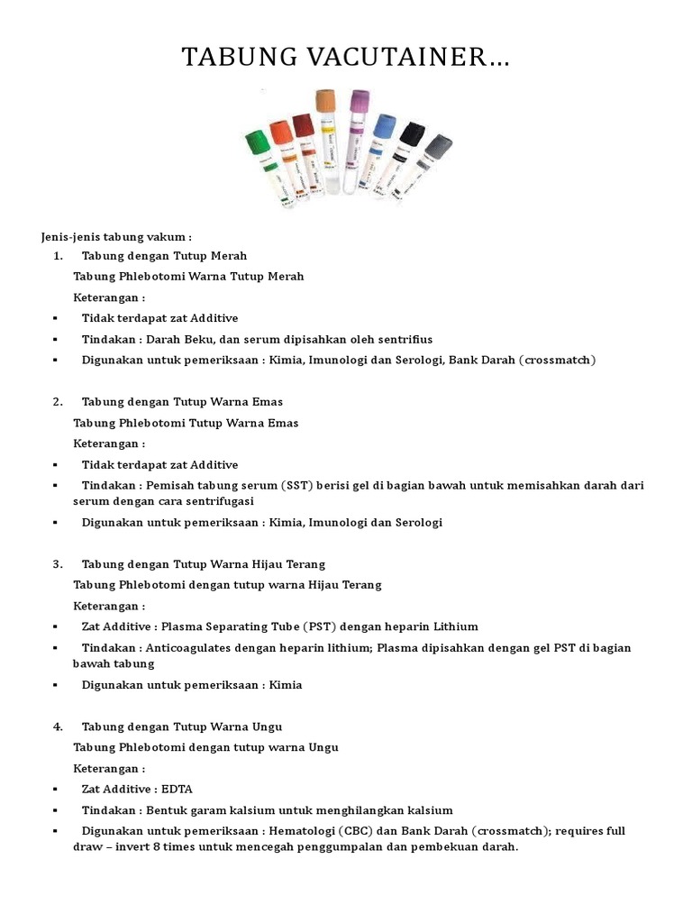 Jenis dan Fungsi Tabung Vacutainer | PDF