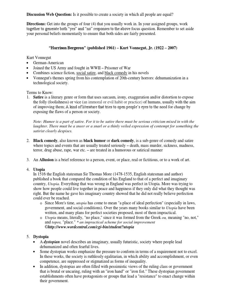 Harrison Bergeron Pre-Reading Notes | PDF | Dystopia | Satire