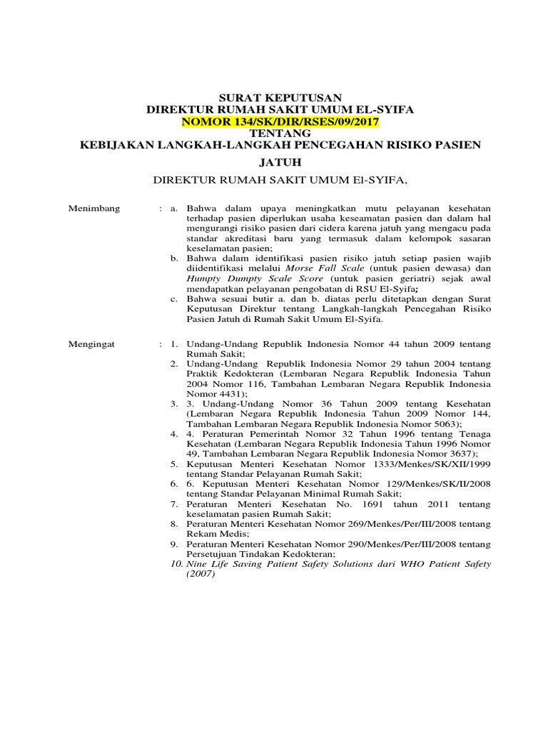 SK Langkah-Langkah Pencegahan Risiko Pasien Jatuh | PDF