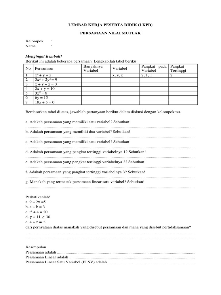 Lembar Kerja Peserta Didik Harga Mutlak | PDF | Metode & Bahan Ajar