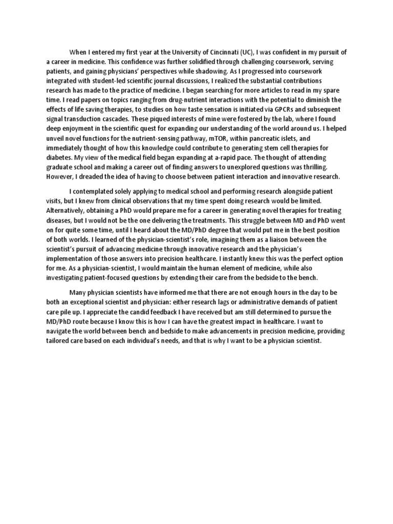 MD PHD Essay | PDF | Physician | Medicine