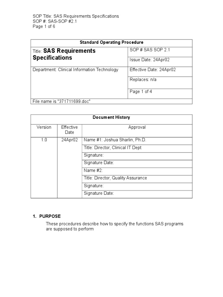 SAS Requirements Specifications SOP | PDF | Sas (Software ...