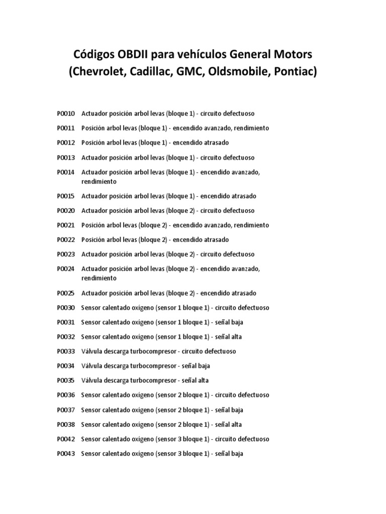 Códigos OBDII para GM y Nissan | PDF | Acelerador | Transmisión (Mecánica)