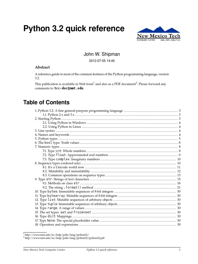 Python 3.2 Quick Reference: John W. Shipman | PDF | Character Encoding ...