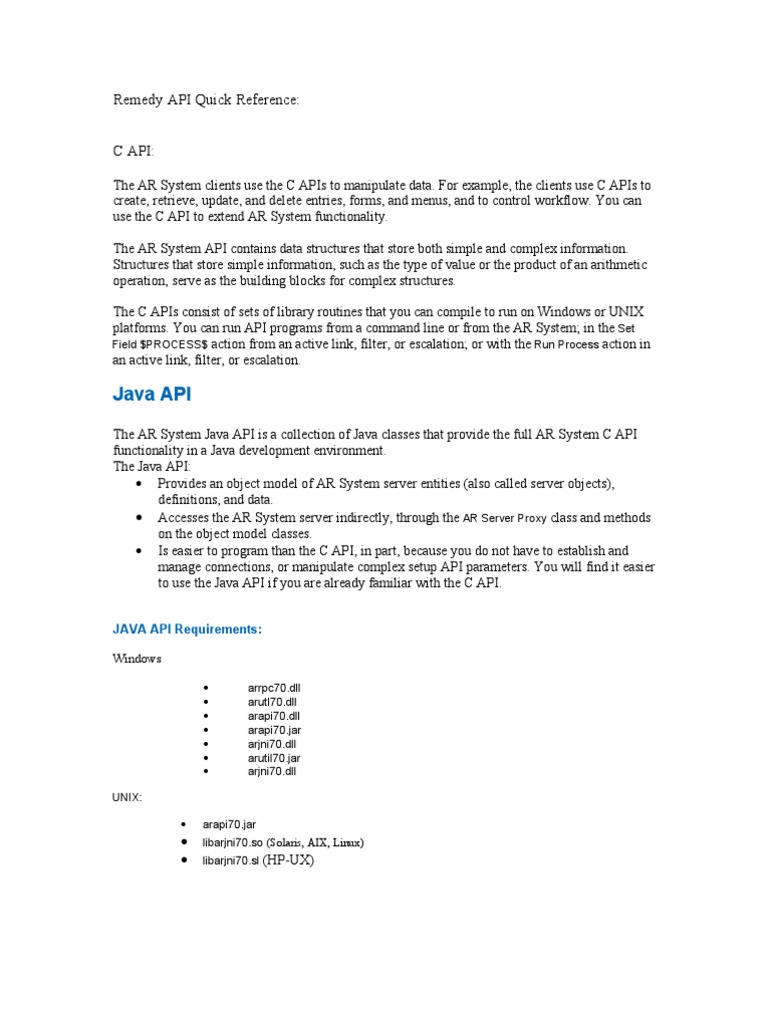 Remedy API Quick Reference | PDF | Library (Computing) | Application ...
