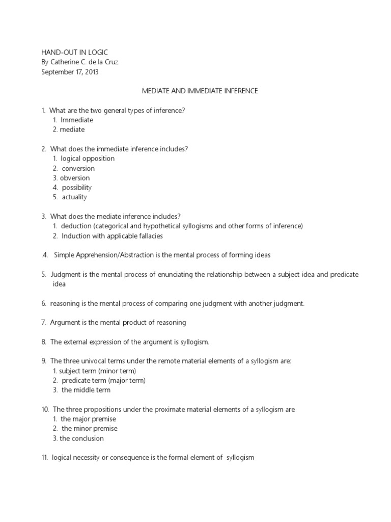 Hand Out On Mediate and Immediate Inference | PDF | Inference ...