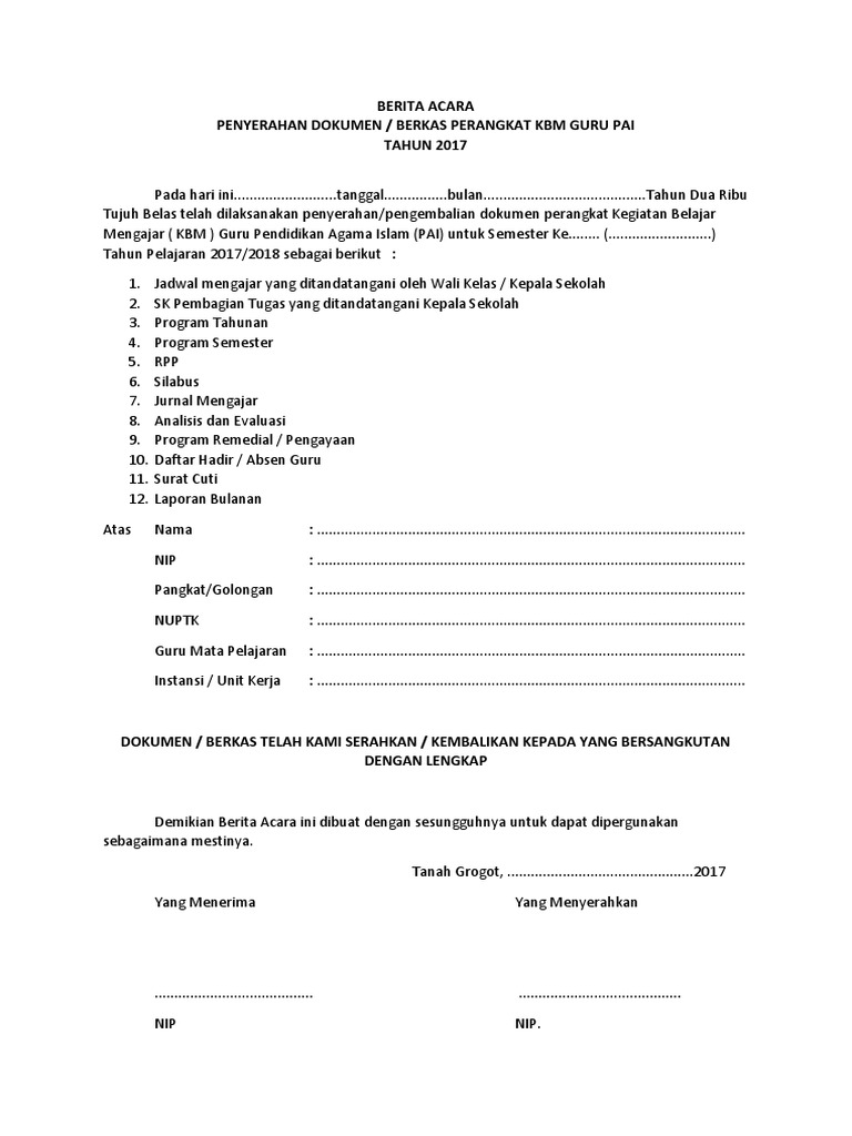 Berita Acara Serah Terima Dokumen TPG | PDF | Karier & Perkembangan
