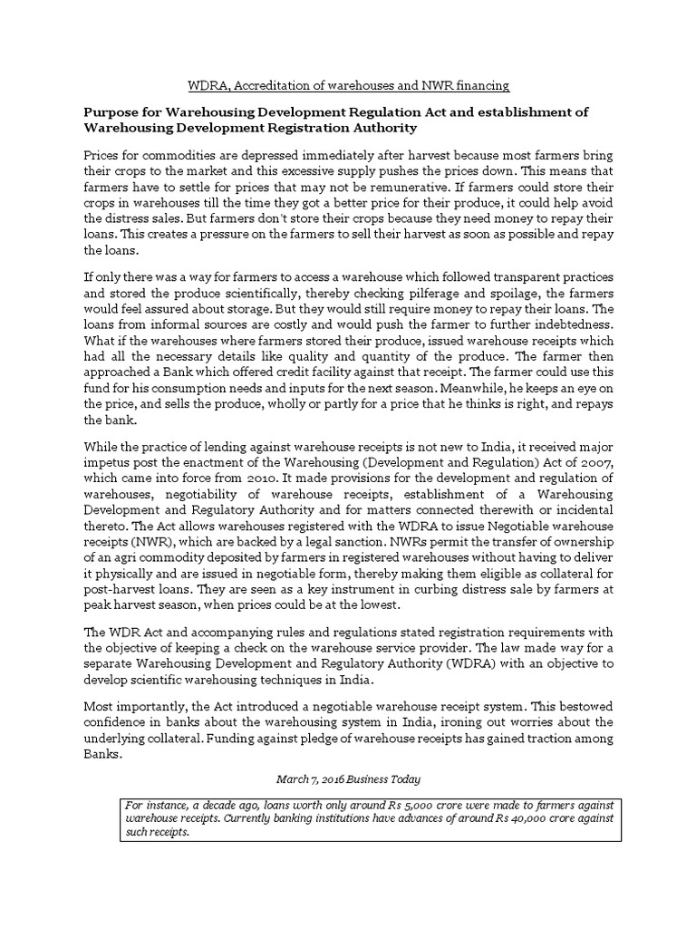 WDRA and Accreditation | PDF | Warehouse | Loans