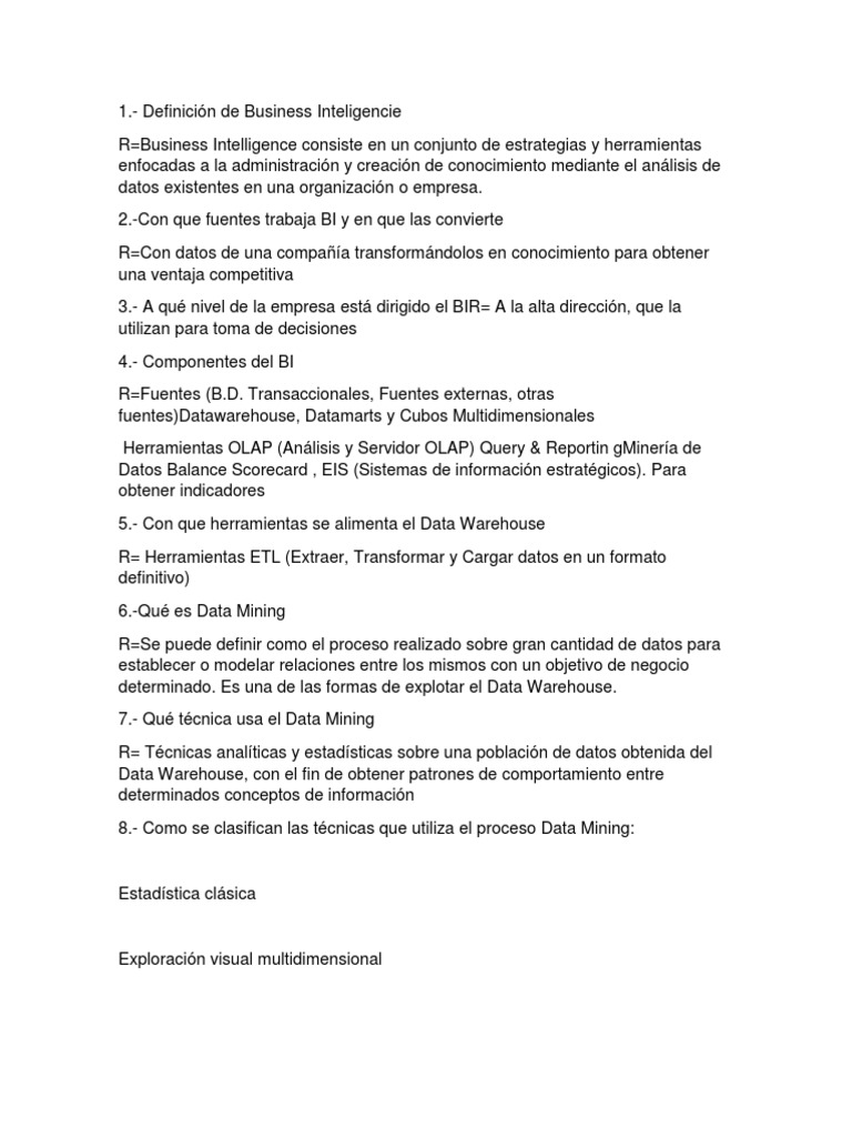 Cuestionario Business Intelligence | PDF | Almacén de datos ...