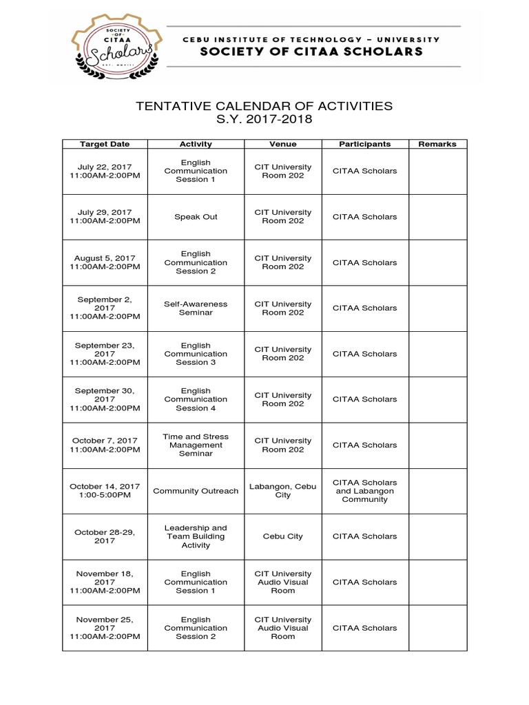 Tentative Calendar of Activities S.Y. 2017-2018: Target Date Activity ...