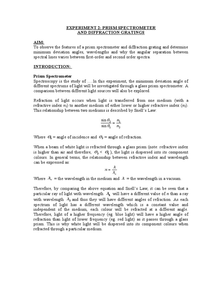 Experiment 2: Prism Spectrometer and Diffraction Gratings Aim | PDF | Diffraction | Prism