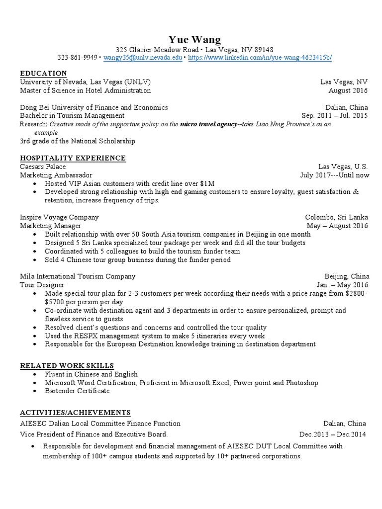 (UNLV) Yue Wang Resume 201711 | PDF | Tourism | China