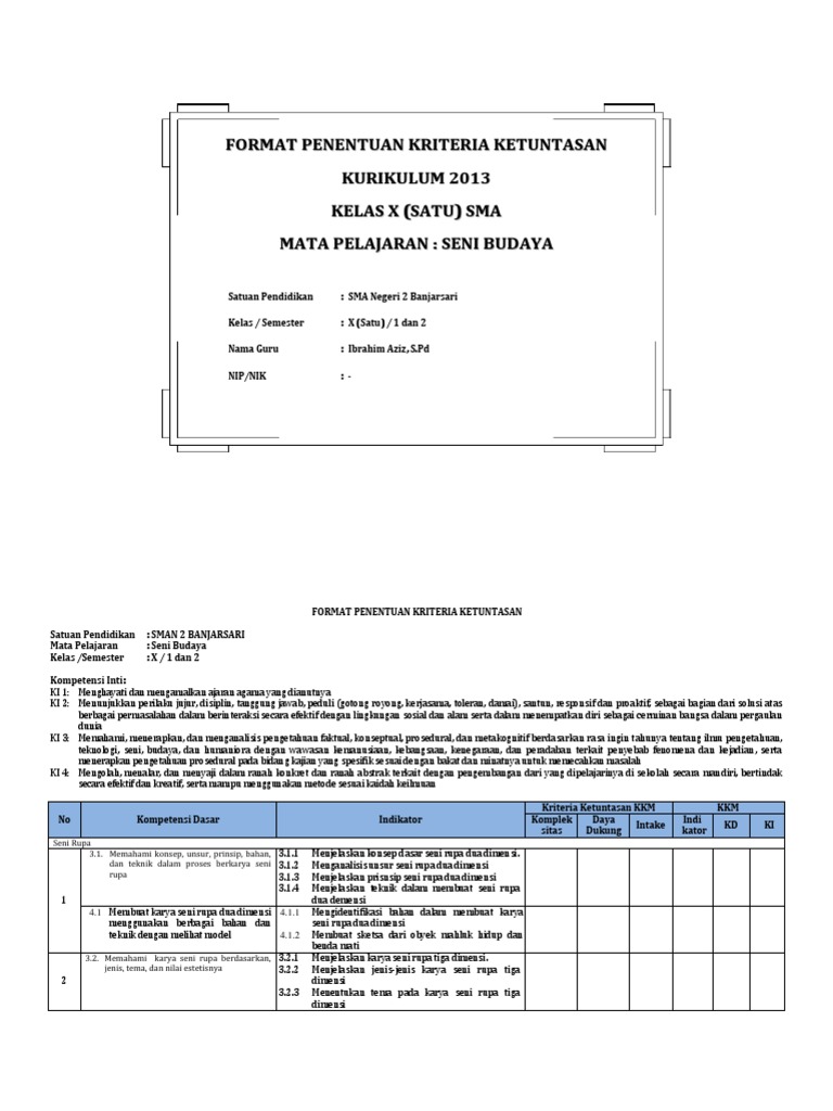 Format Penentuan KKM Seni Budaya Kelas X IPA/IPS Kurtilas Revisi 2017 - SMAN 2 Banjarsari | PDF