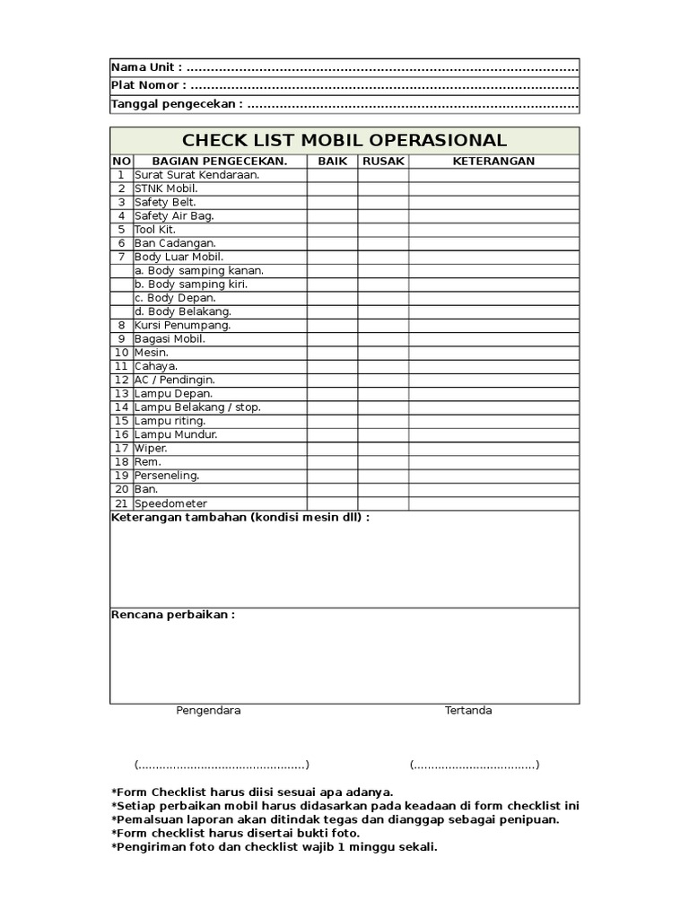 Form Check List Mobil - Final | PDF