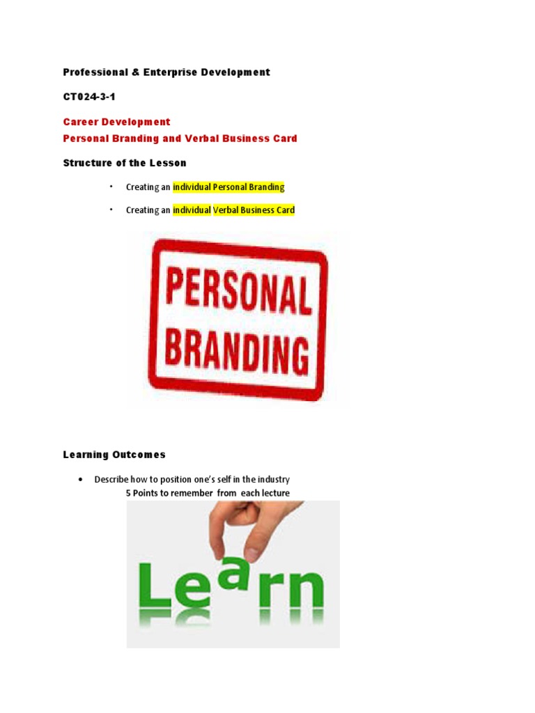 Career Development Personal Branding and Verbal Business Card | PDF ...