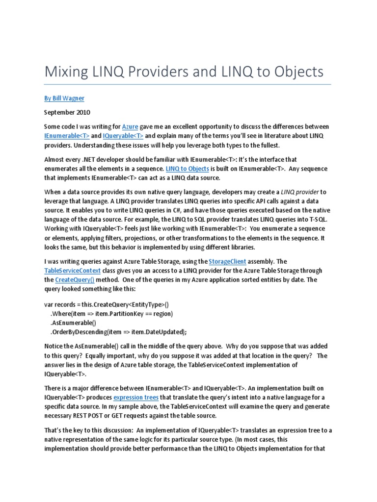Mixing LINQ Providers and LINQ To Objects: by Bill Wagner | PDF ...