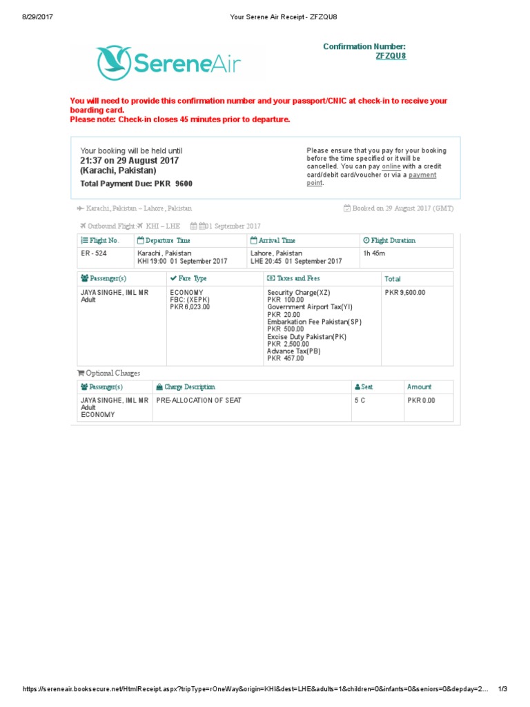 Your Serene Air Receipt - ZFZQU8 | Baggage | Credit Card