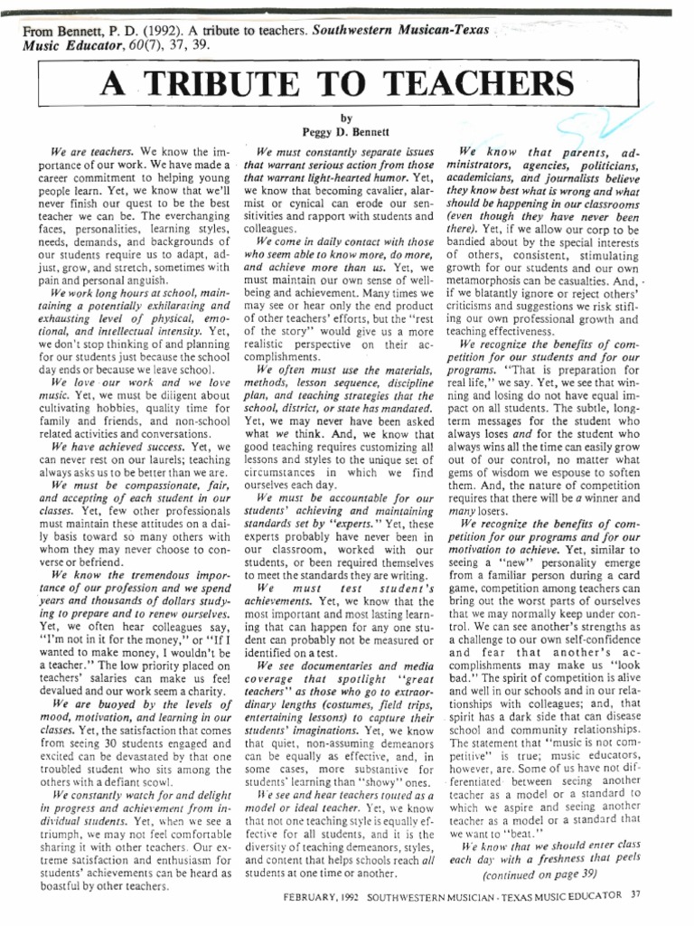 A Tribute To Teachers | PDF | Music Education | Teachers