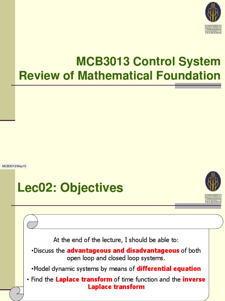 MCB3013 Control System Review of Mathematical Foundation | PDF | Laplace Transform | Control Theory