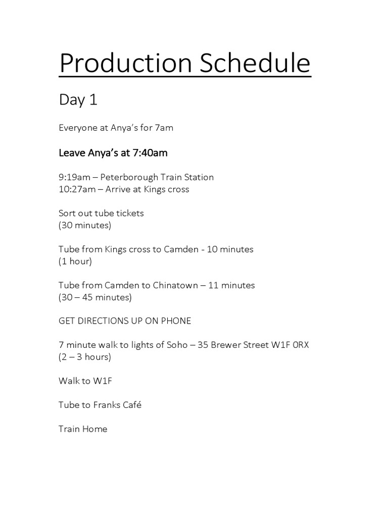 Production Schedule: Leave Anya's at 7:40am | PDF | Social Science