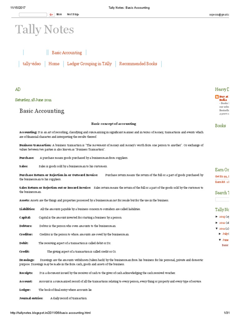 Tally Notes_ Basic Accounting | Debits And Credits | Expense | Free 30 ...