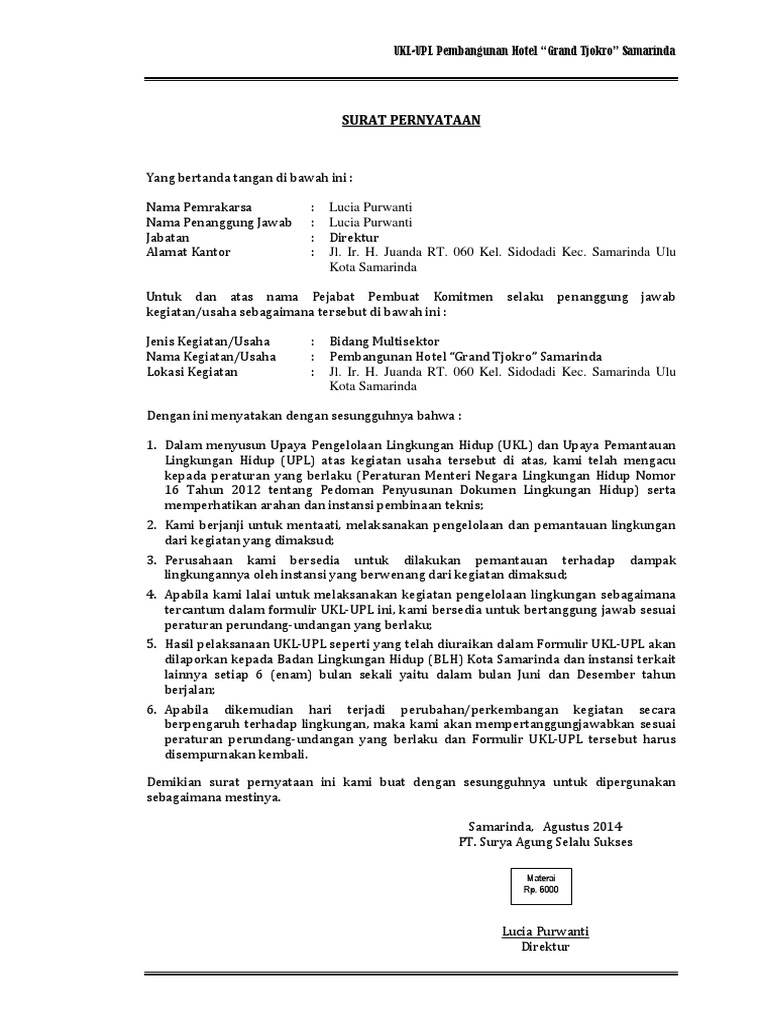 Surat Pernyataan UKL - UPL Hotel | PDF