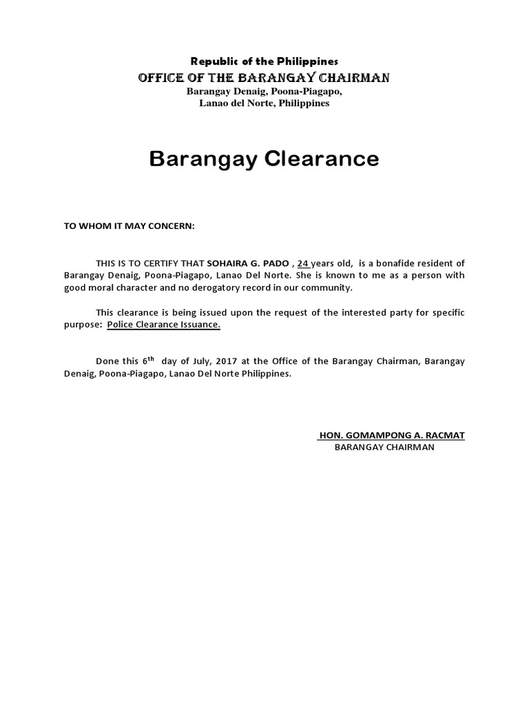 DENAIG Barangay Clearance | PDF