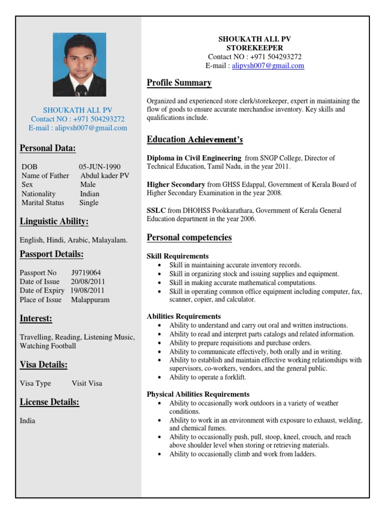 CV of Storekeeper | Download Free PDF | Business | Labour