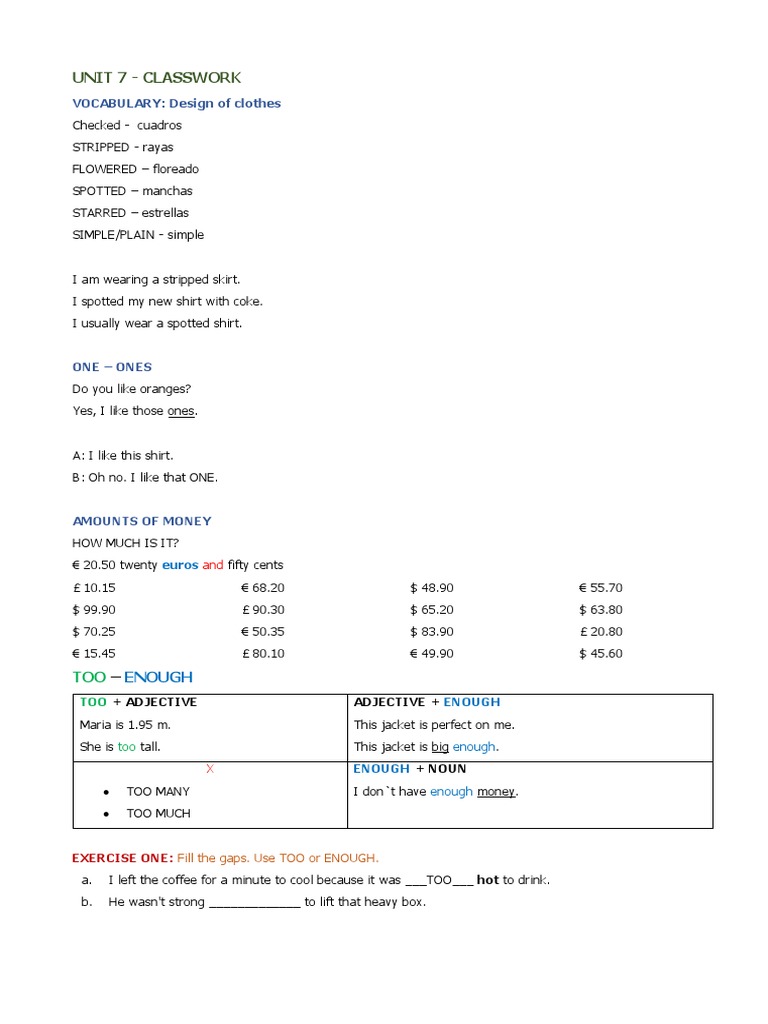 Unit 7 - Classwork: VOCABULARY: Design of Clothes | PDF | Syntax ...