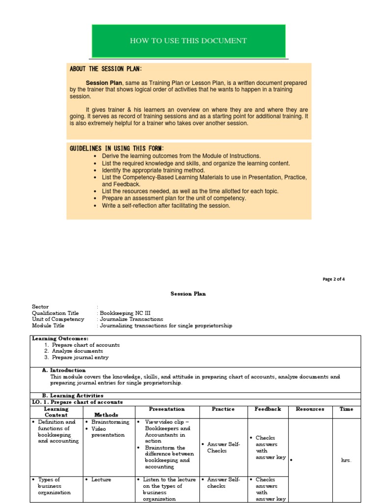 Session Plan LO1 Bookkeeping NC III | Bookkeeping | Facilitator