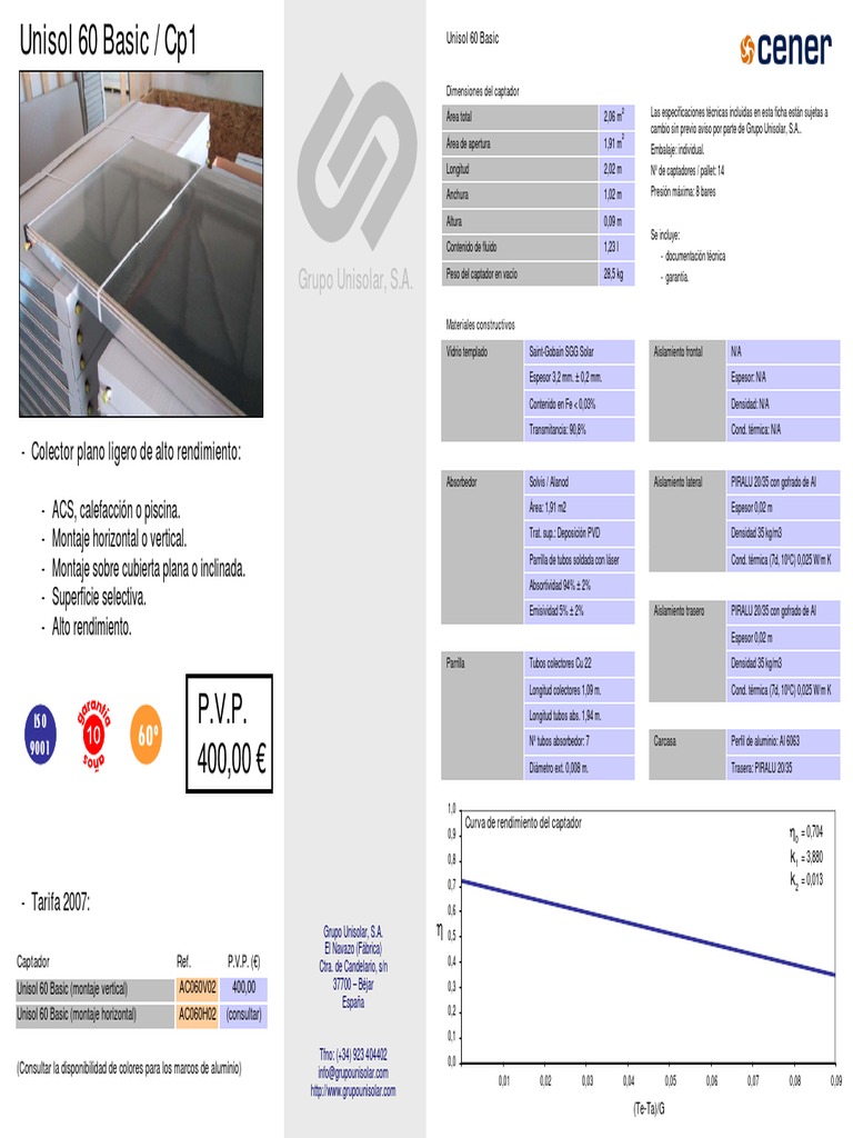 Grupo Unisolar - Ficha Técnica y Tarifas - Unisol 60 Basic CP1 | PDF | Física Aplicada e ...